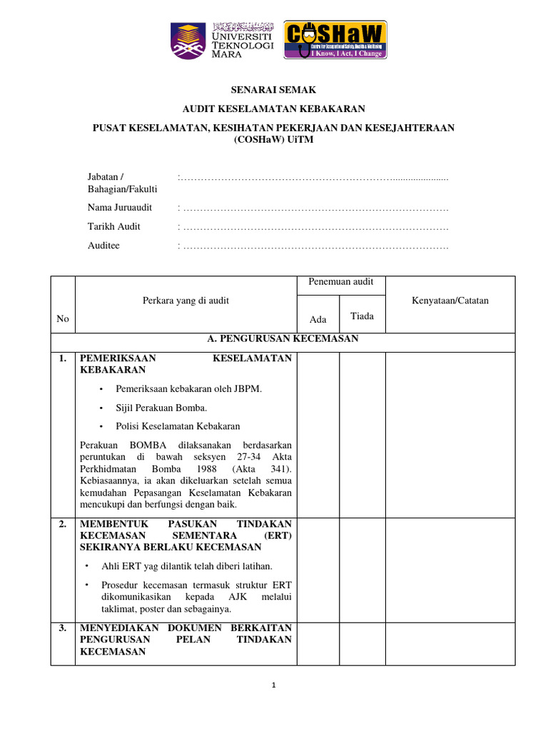 Borang Audit Kebakaran | PDF