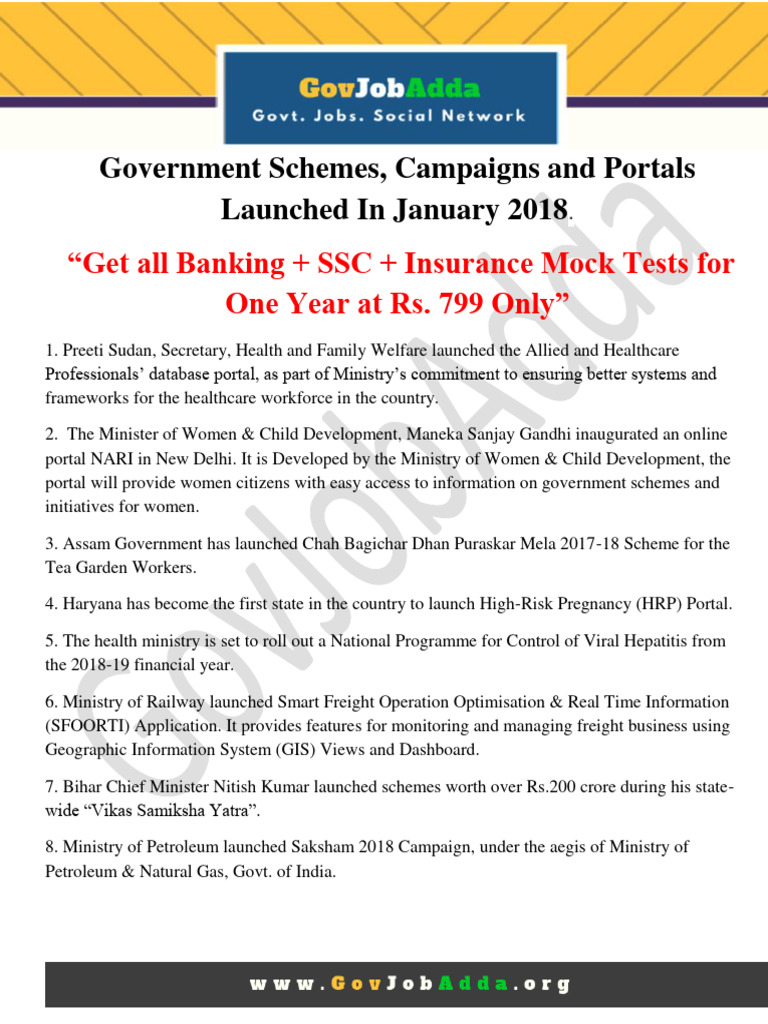 Government Schemes, Campaigns and Portals Launched in January 2018 ...