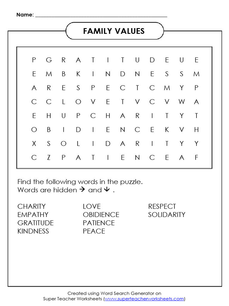 Super Teacher Worksheets FAMILY VALUES | PDF | Word Search | Puzzles