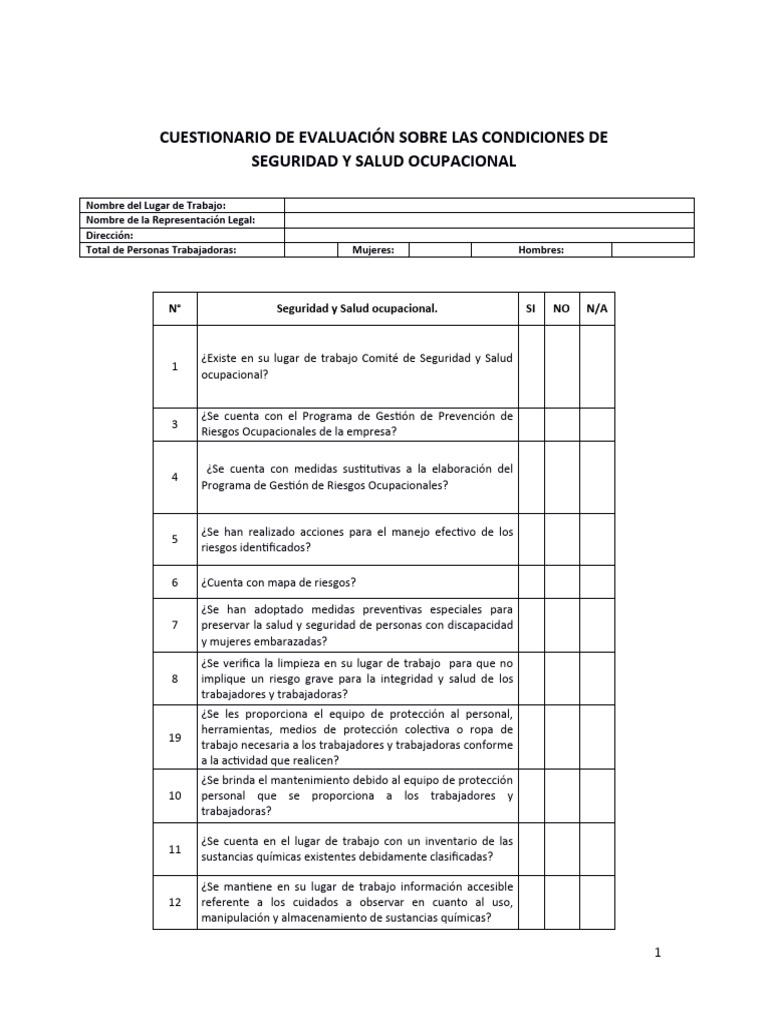Cuestionario Evaluacion Sobre Las Condiciones de Seguridad y Salud Ocupacional | PDF | Seguridad ...