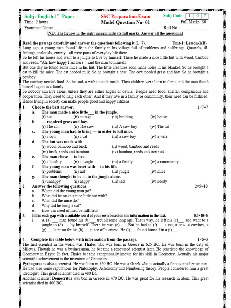 SSC English 1st Paper Model Questions | PDF | Scientist | Knowledge
