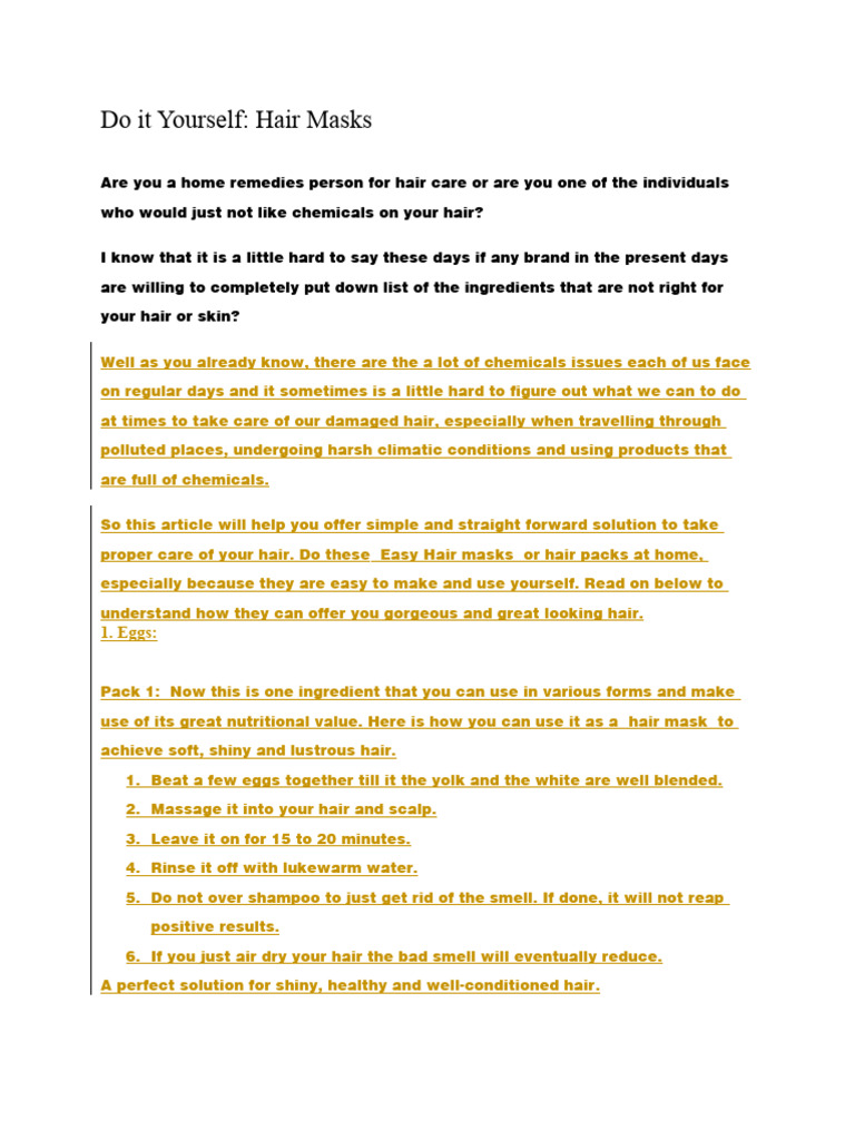 Do It Yourself Hair Masks | PDF | Shampoo | Foods