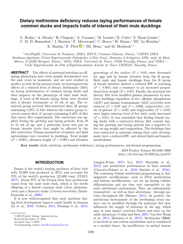 Dietary Methionine Deficiency Reduces Laying Performances of Fem - 2019 ...