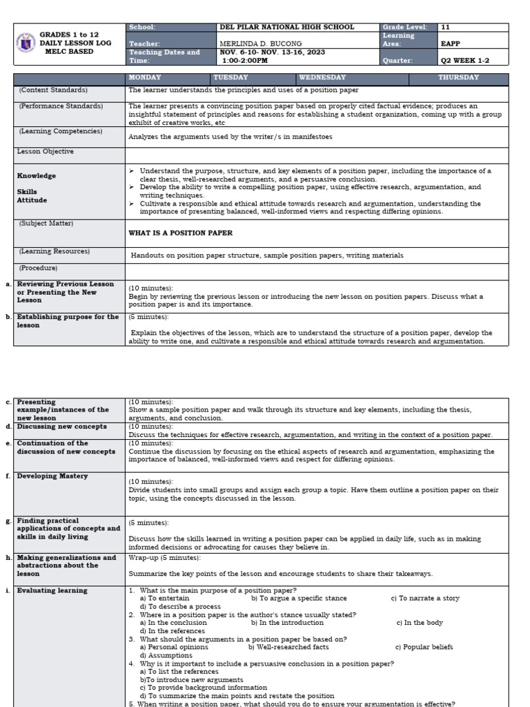 Eapp DLL Eng 11 Week 7 Q2 Done | PDF | Learning | Concept
