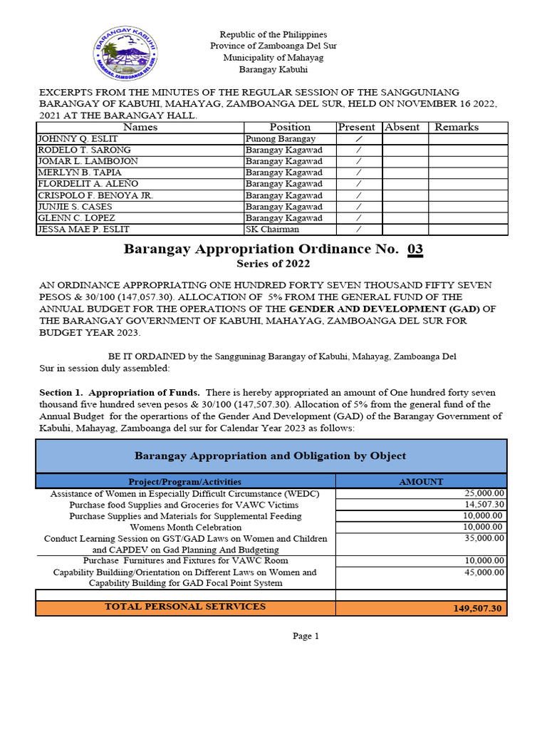 Barangay Appropriation Ordinance No. 03: Names Position Present Absent ...