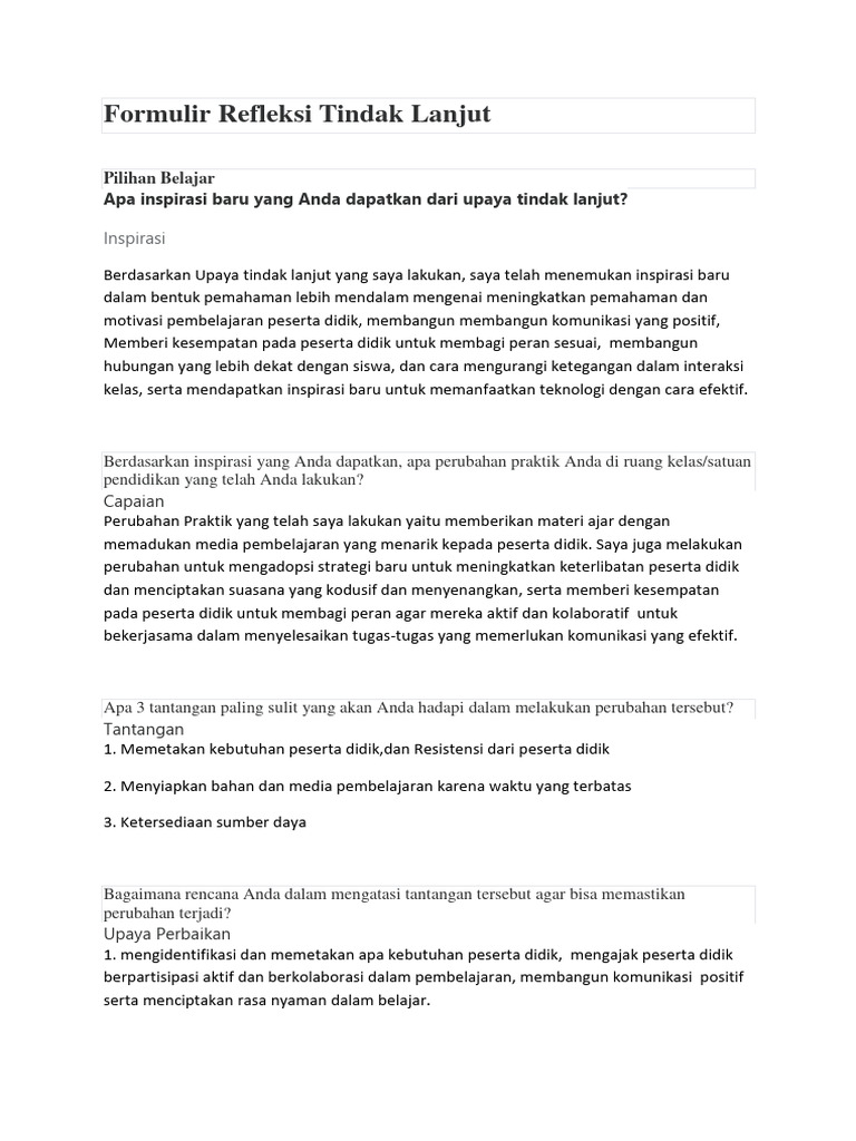 Formulir Refleksi Tindak Lanjut | PDF