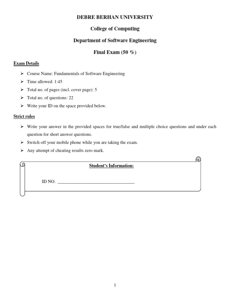 Debre Berhan University College of Computing Department of Software Engineering Final Exam (50 % ...