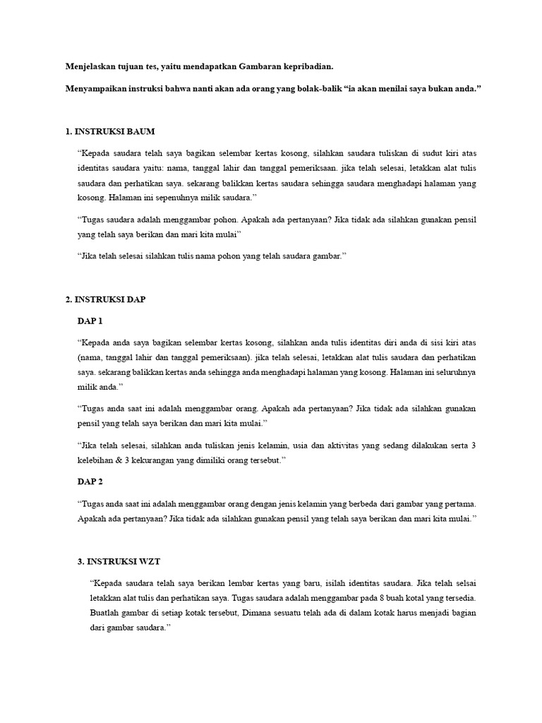 Instruksi Tes BAUM, DAP, WZT, PAPI KOSTICK, Dan Kraepelin | PDF