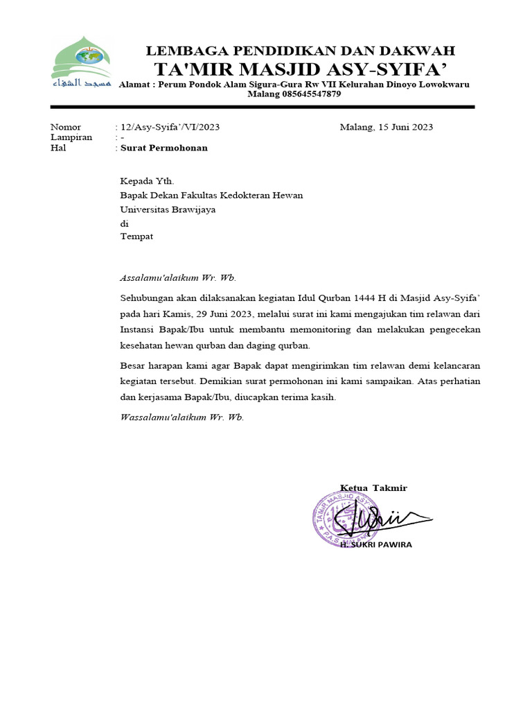 Permohonan Relawan Kesehatan Qurban | PDF
