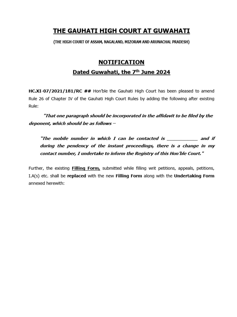 Notification Dated 07.06.2024 With Respect To Amendment of Rule 26 of Chapter IV of The Gauhati ...