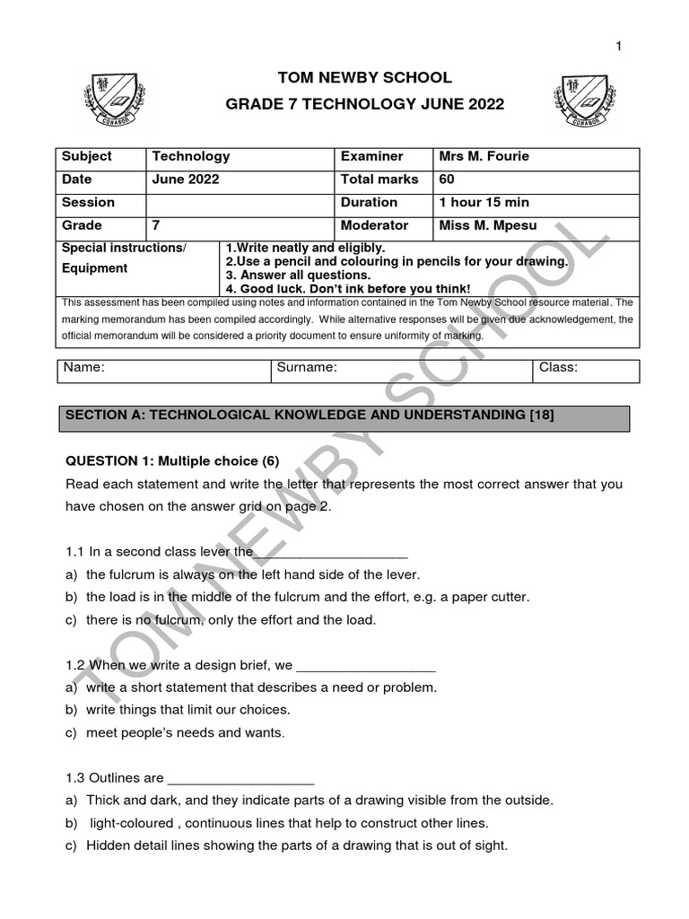 Grade 7 Technology Exam June 2022 | PDF | Drawing