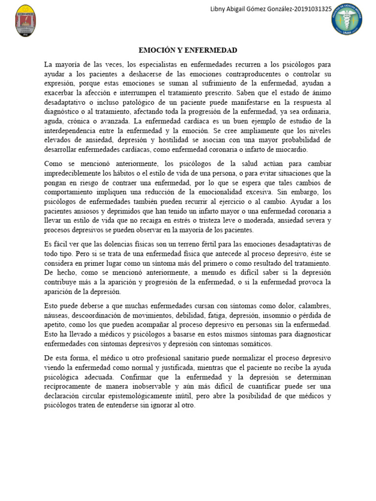 Emoción y Enfermedad Libny Gómez | PDF | Depresión (estado de ánimo ...