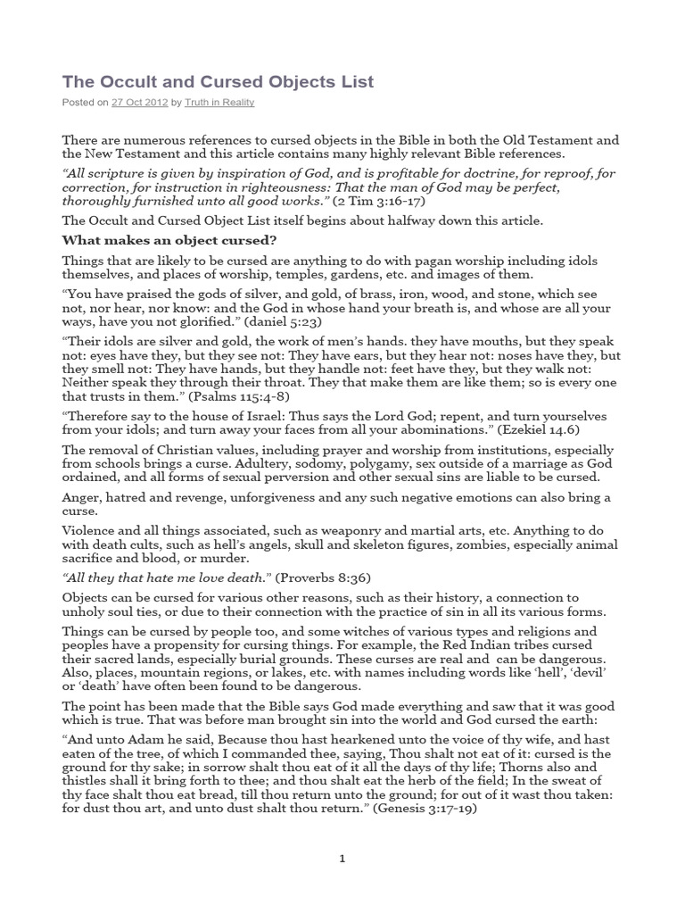 The Occult and Cursed Objects List | PDF | Deliverance Ministry | Armor ...