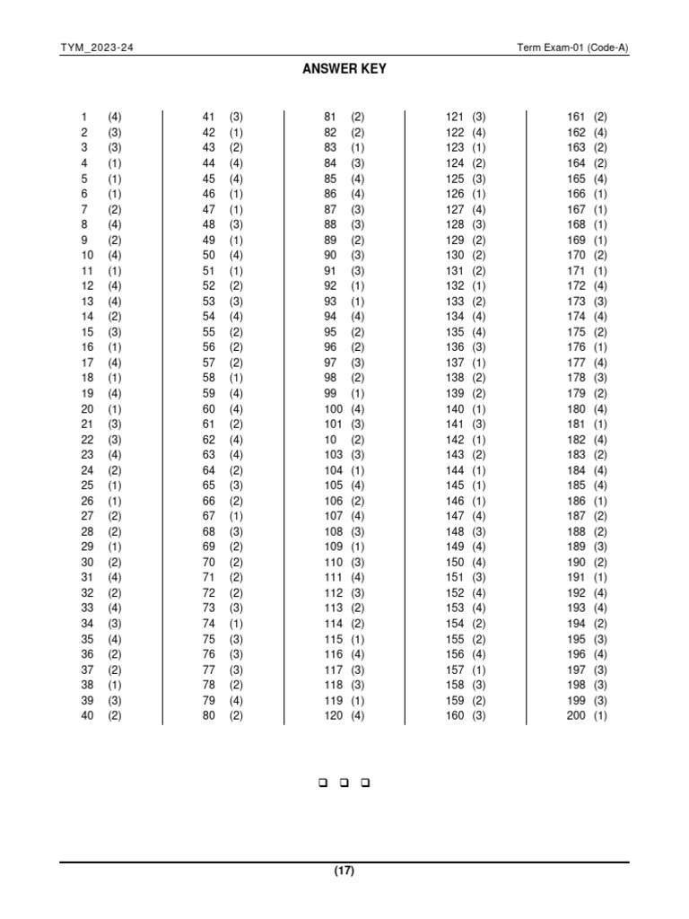 TE 01 - TYM - Phase-I - Code-A Answer Key | PDF