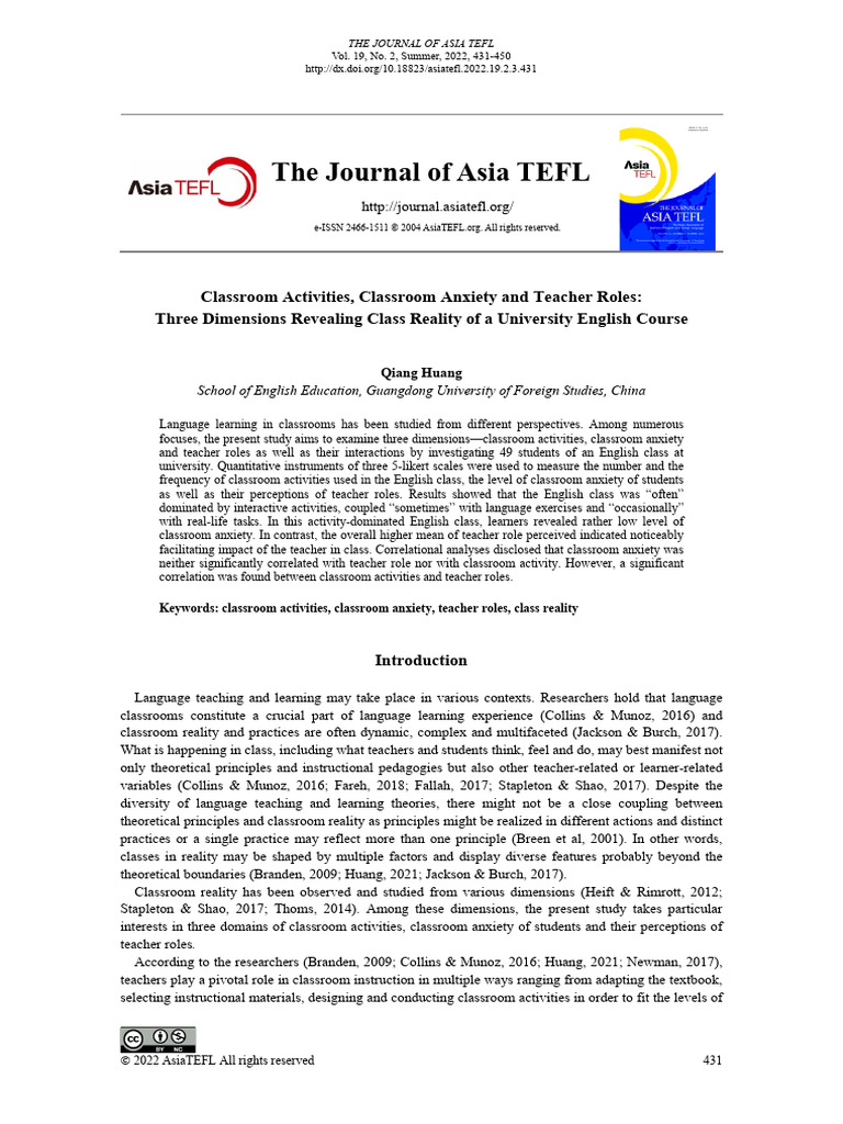 1-Classroom Activities Classroom Anxiety and Teacher Roles Three ...
