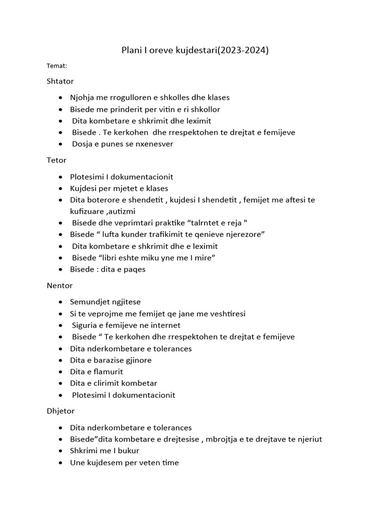 Plani I Oreve Kujdestari 1 | PDF