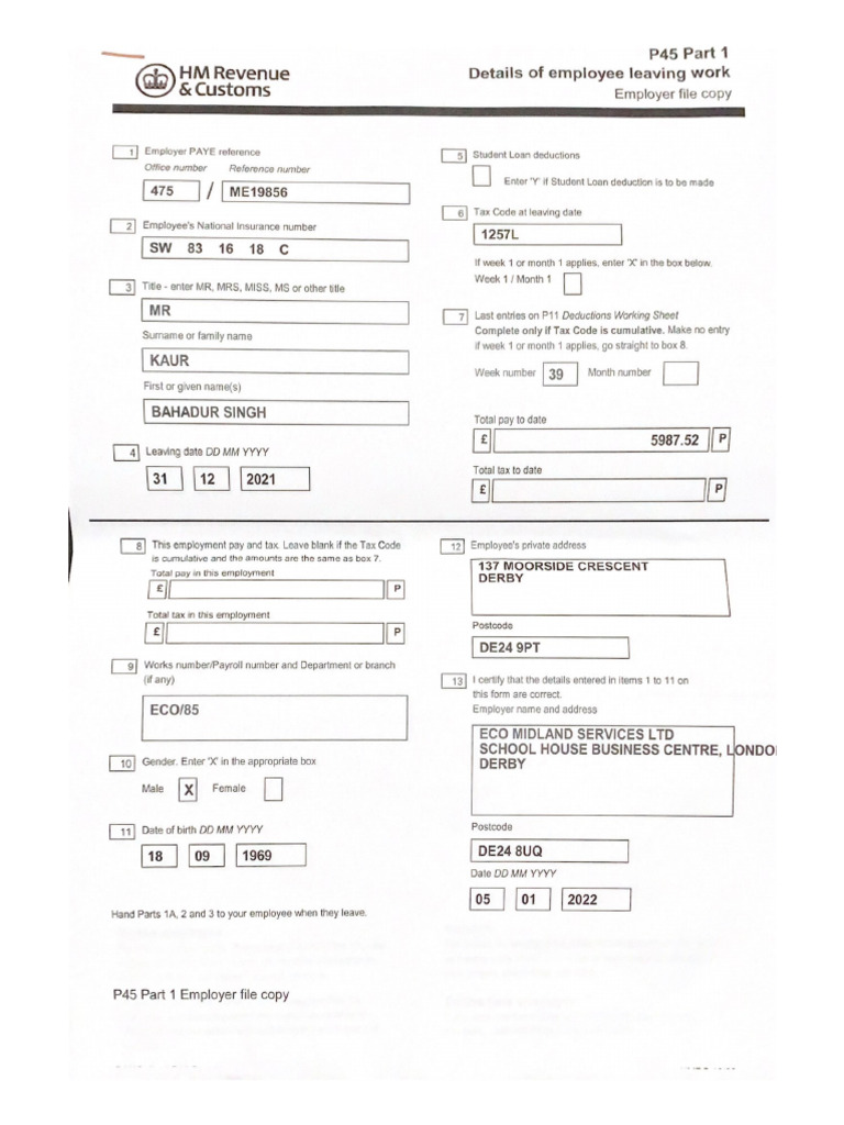 P45 Part 1 | PDF