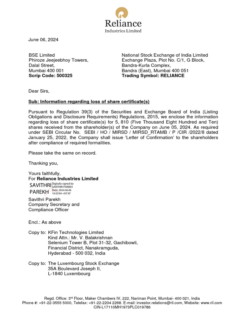 Scrip Code: 500325 Trading Symbol: RELIANCE: Savithri Parekh | PDF ...