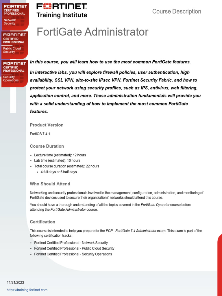 FortiGate 7.4 Administrator Course Description | PDF | Computer Network | Virtual Private Network