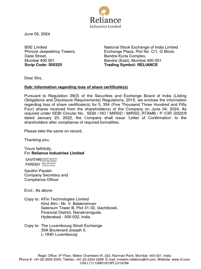 Scrip Code: 500325 Trading Symbol: RELIANCE | PDF | Stock Exchange ...