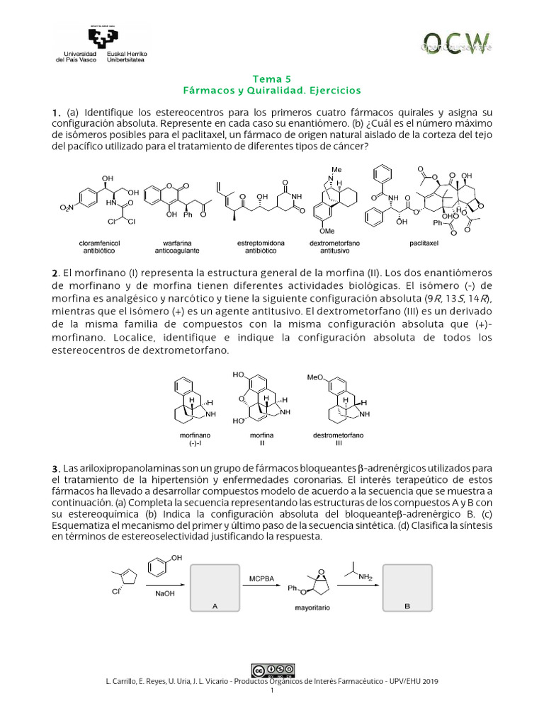 Tema 5. Fármacos y Quiralidad. Ejercicios (1) | PDF | Chiralidad (Química) | Isómero