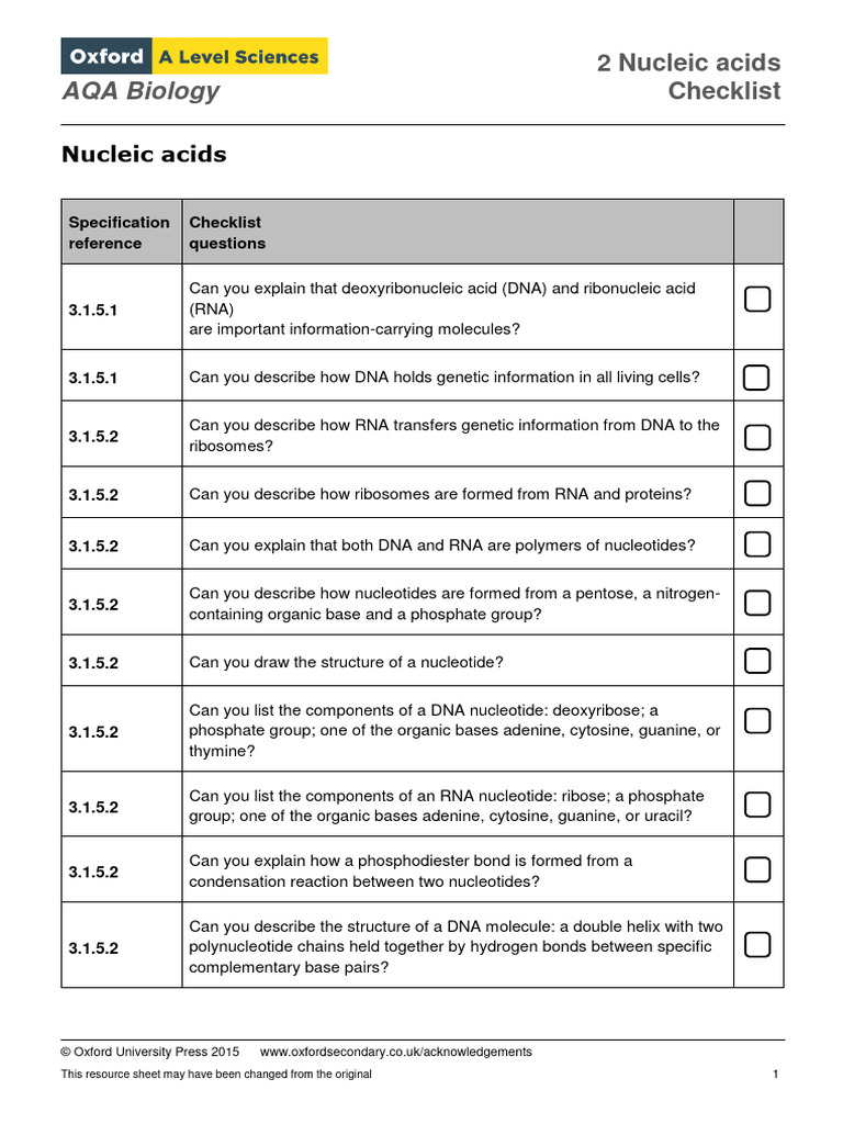 Nucleic acids checklist | Download Free PDF | Nucleotides | Dna