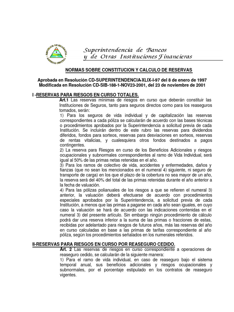 Calculo de Reservas (Super Intendencia de Bancos) | PDF | Reaseguro | Seguro