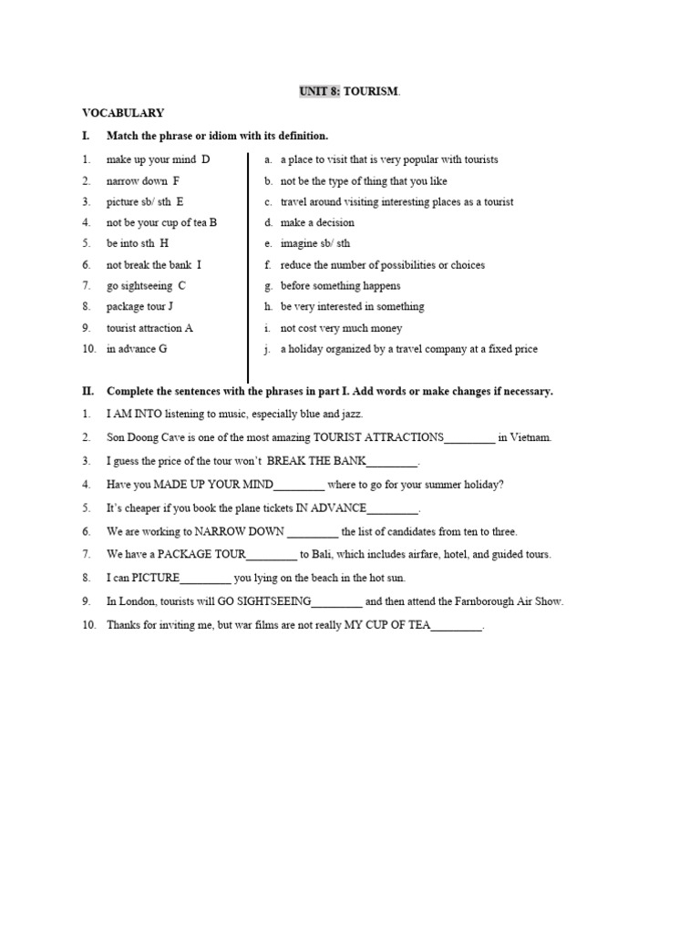 Vocabulary Practice | PDF | Tourism