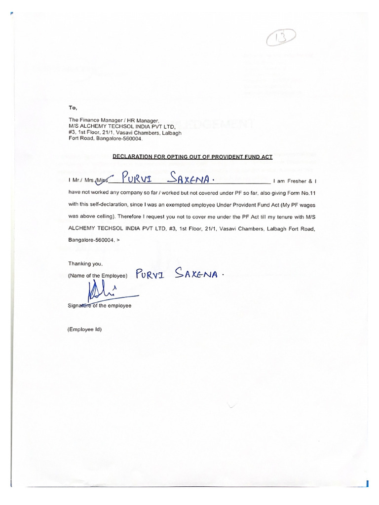 Declaration For Opting Pf Pdf