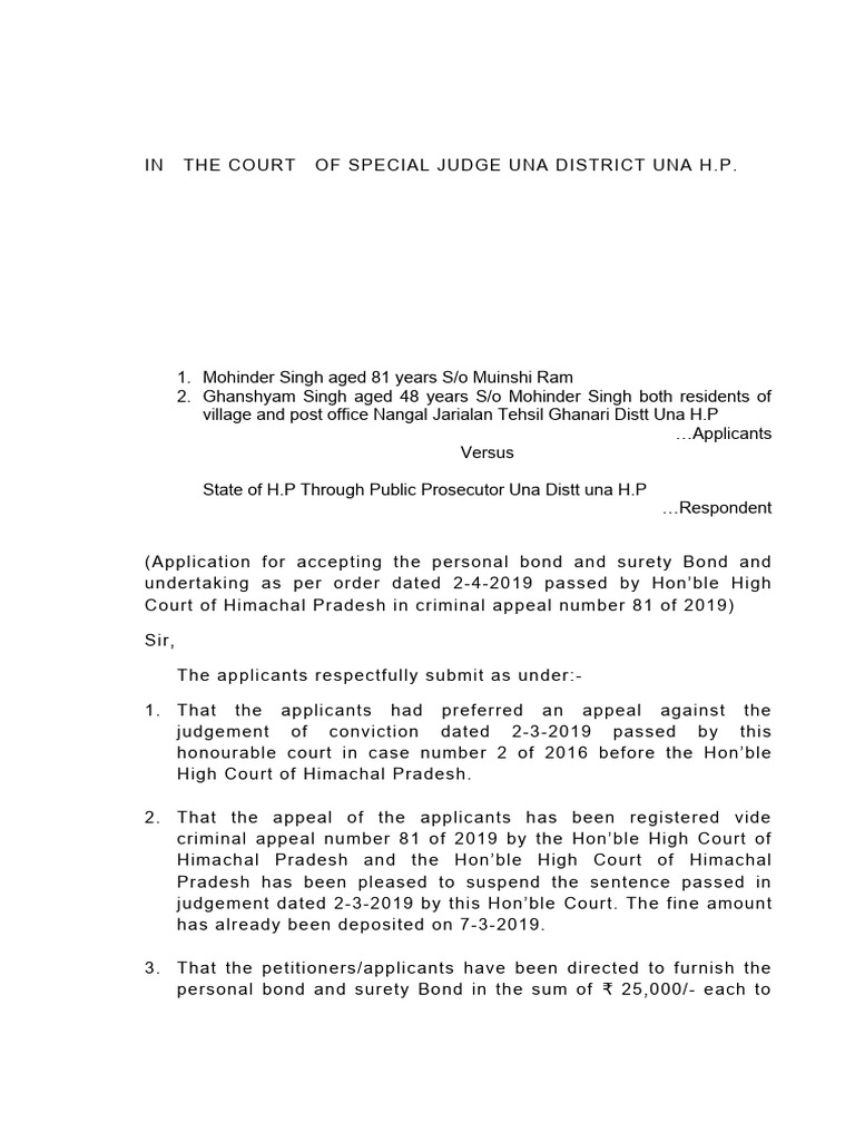 Personal Bond Application in H.P. Court | PDF | Bail | Courts