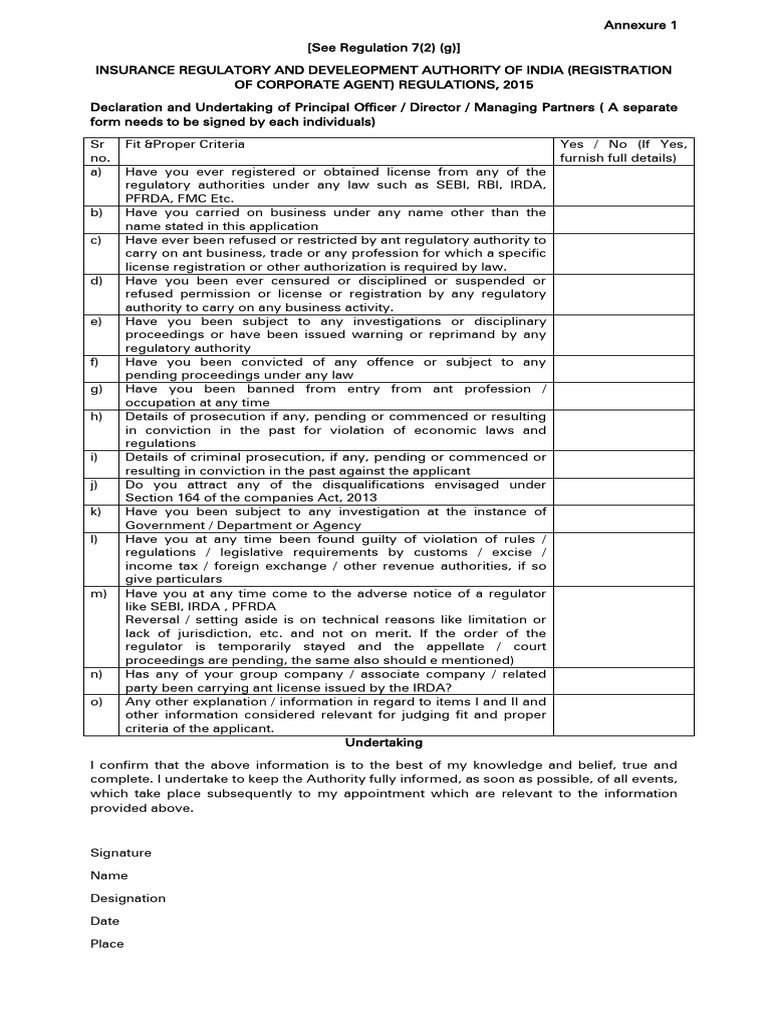 IRDA Fit and Proper Declaration Form | PDF | Common Law | Government