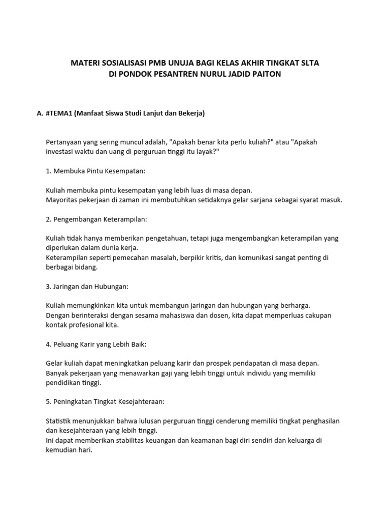 Materi Sosialisasi PMB Unuja Bagi Kelas Akhir Tingkat Slta | PDF