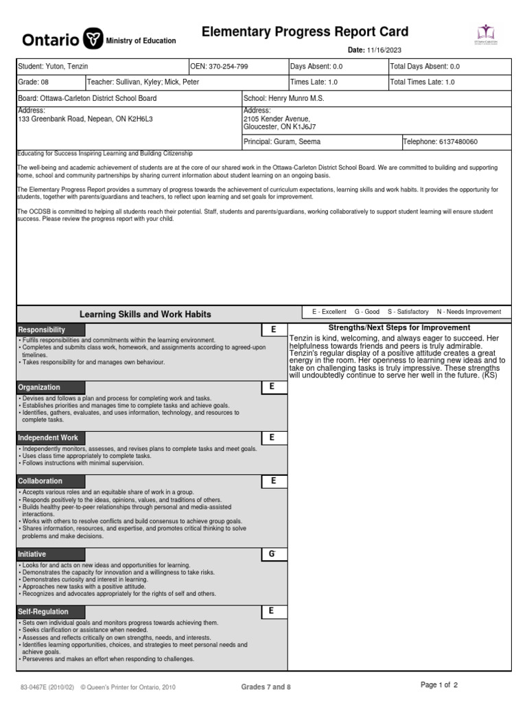 Elementary Progress Report Card: Learning Skills and Work Habits | PDF ...