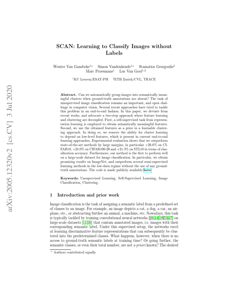 SCAN: Learning To Classify Images Without Labels: 1 Introduction and Prior Work | PDF | Cluster ...