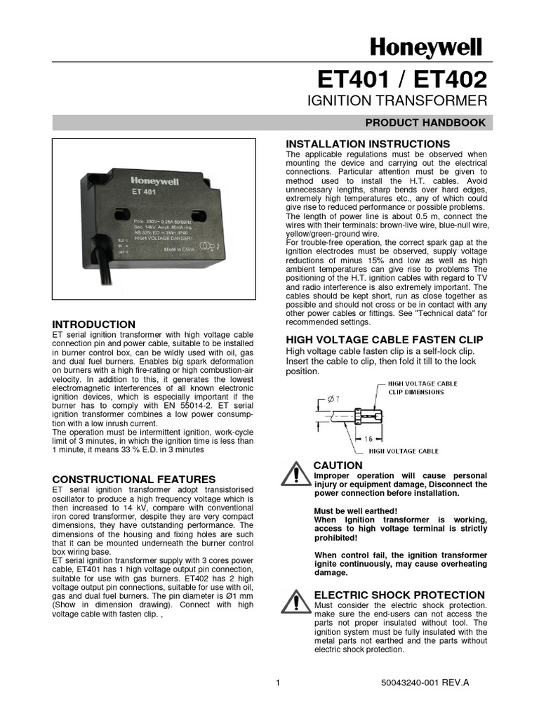 Ignition Transformer-401 Honeywell | PDF | Transformer | High Voltage