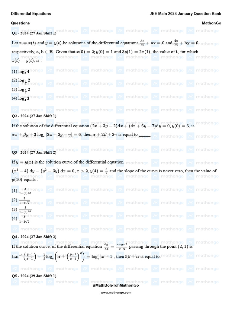 Differential Equations - JEE Main 2024 January Question Bank - MathonGo ...