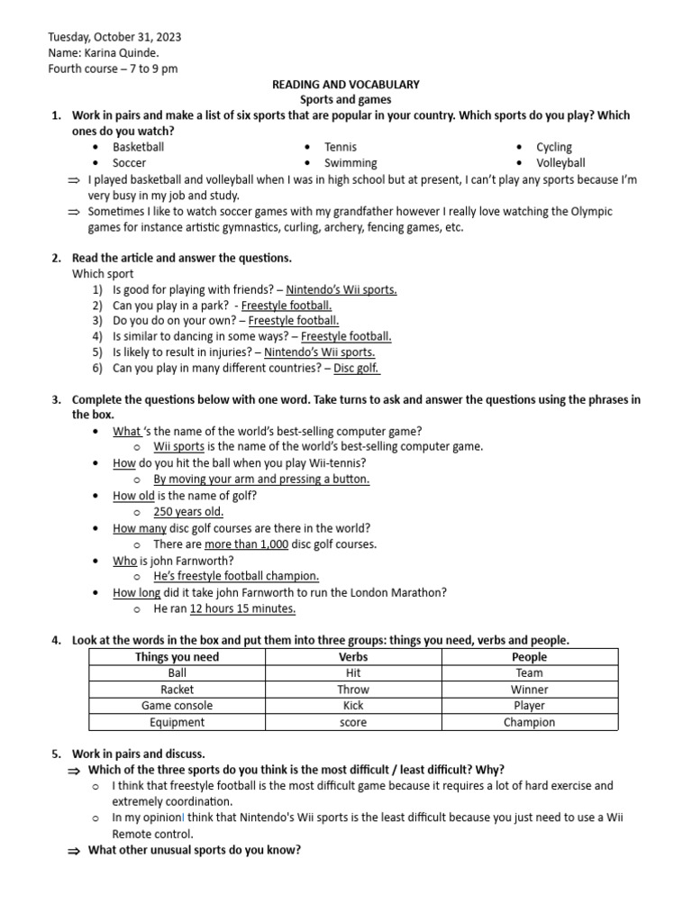 Fourth Course - Vocabulary 1 Homework Benedict | PDF | Sports | Nintendo