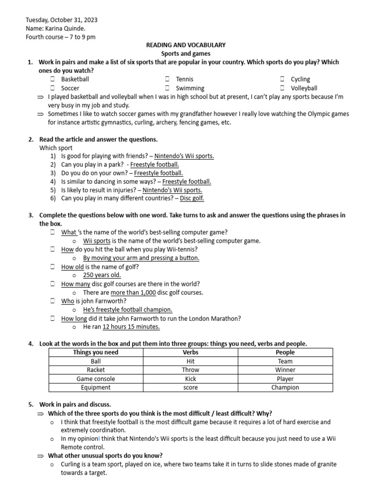 Fourth Course - Vocabulary 1 Homework Benedict | PDF | Nintendo | Sports