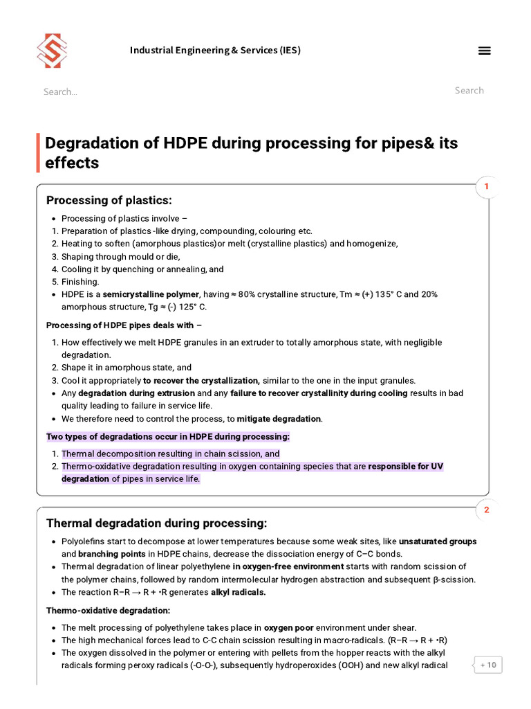 Degradation of HDPE during processing for pipes& its effects - Kanademy ...