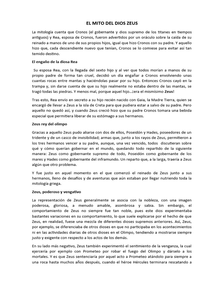 MITO DEL DIOS ZEUS - RESUMEN BREVE | PDF | Zeus | Mitología