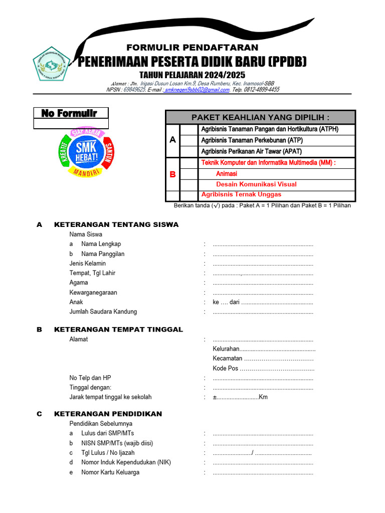 Formulir Pendaftaran SMK Negeri 9 SBB 2023 | PDF