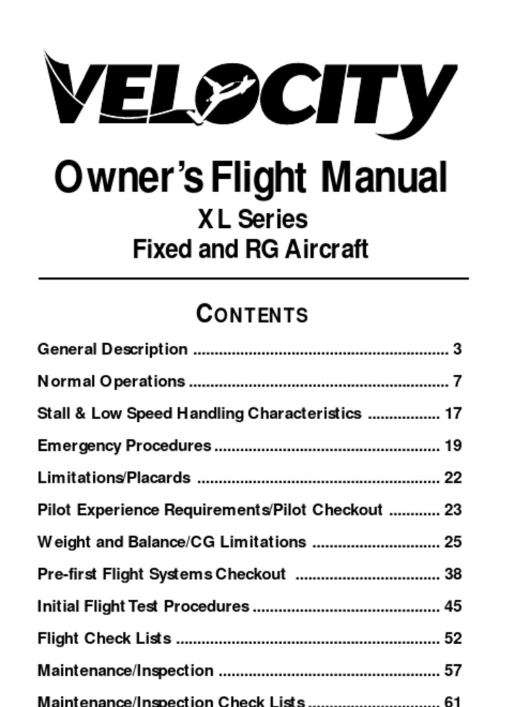 Velocity XL Pilots Operating Handbook | PDF | Landing Gear | Flight