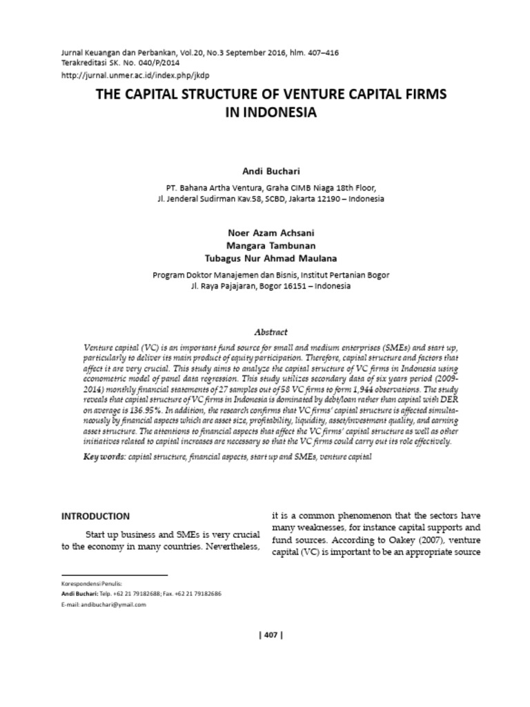 The Capital Structure of Venture Capital Firms in Indonesia | Download ...