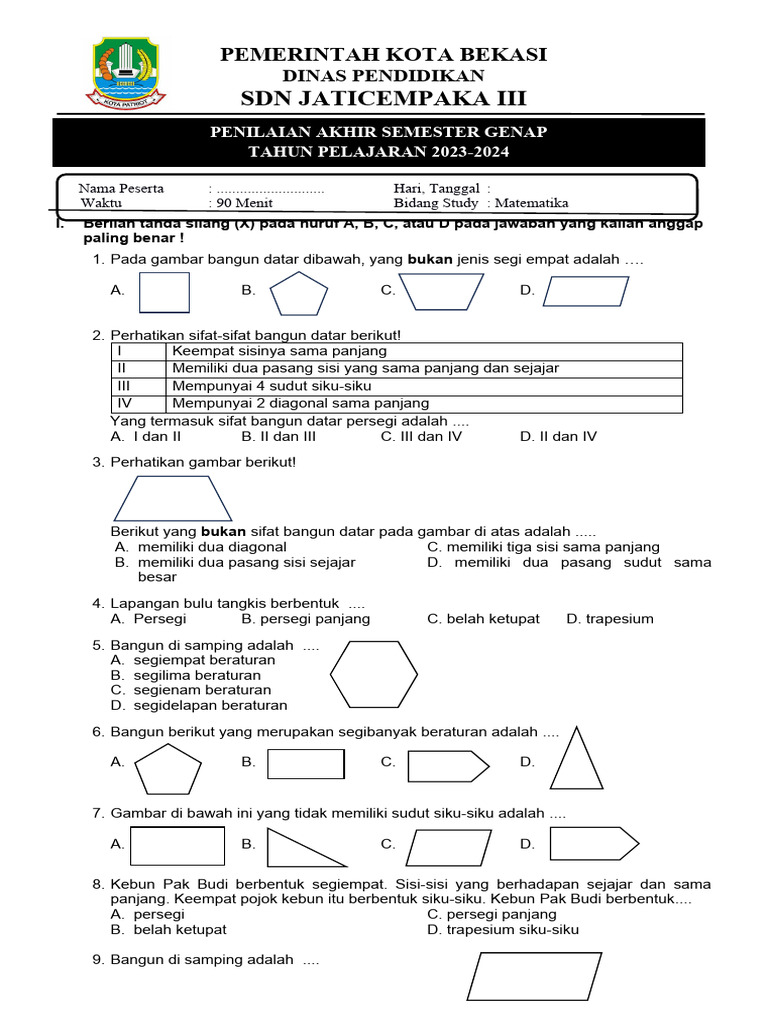 Uas MTK Kelas 4 2023-2024 | PDF