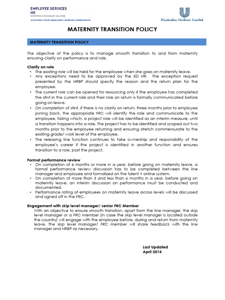 MATERNITY TRANSITION POLICY For All Employees | PDF | Performance ...