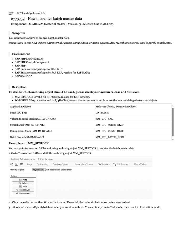 SAP Note 2773759 - How To Archive Batch Master Data | PDF