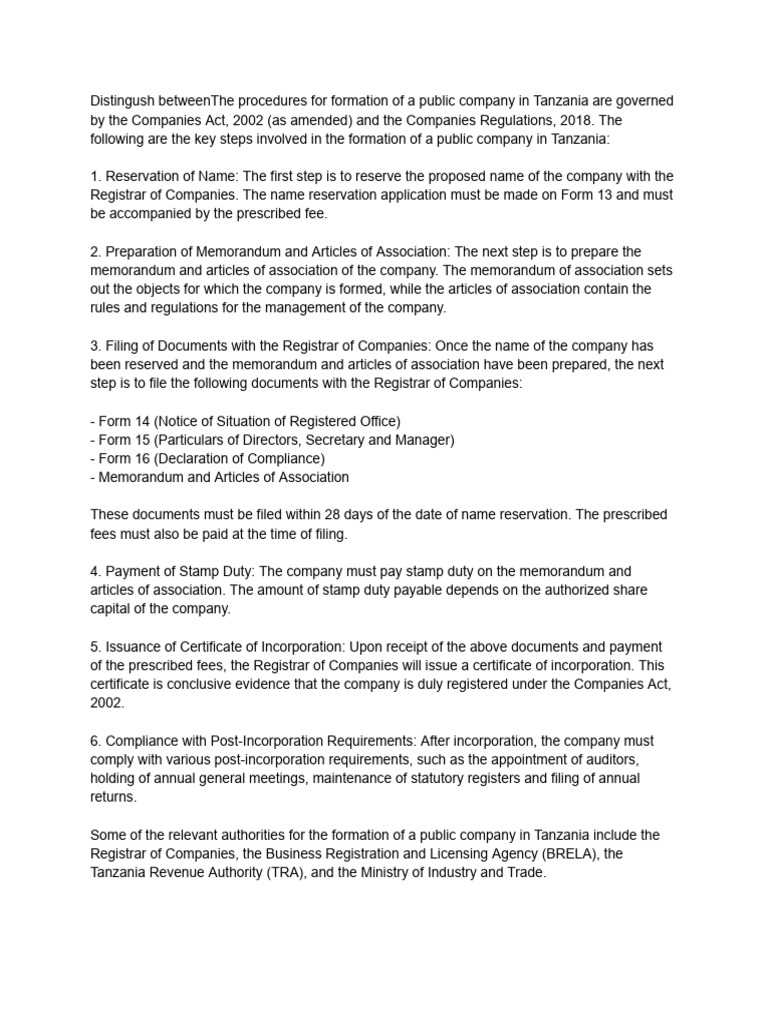 Distingush Betweenthe Procedures For Formation of A Public Company in ...