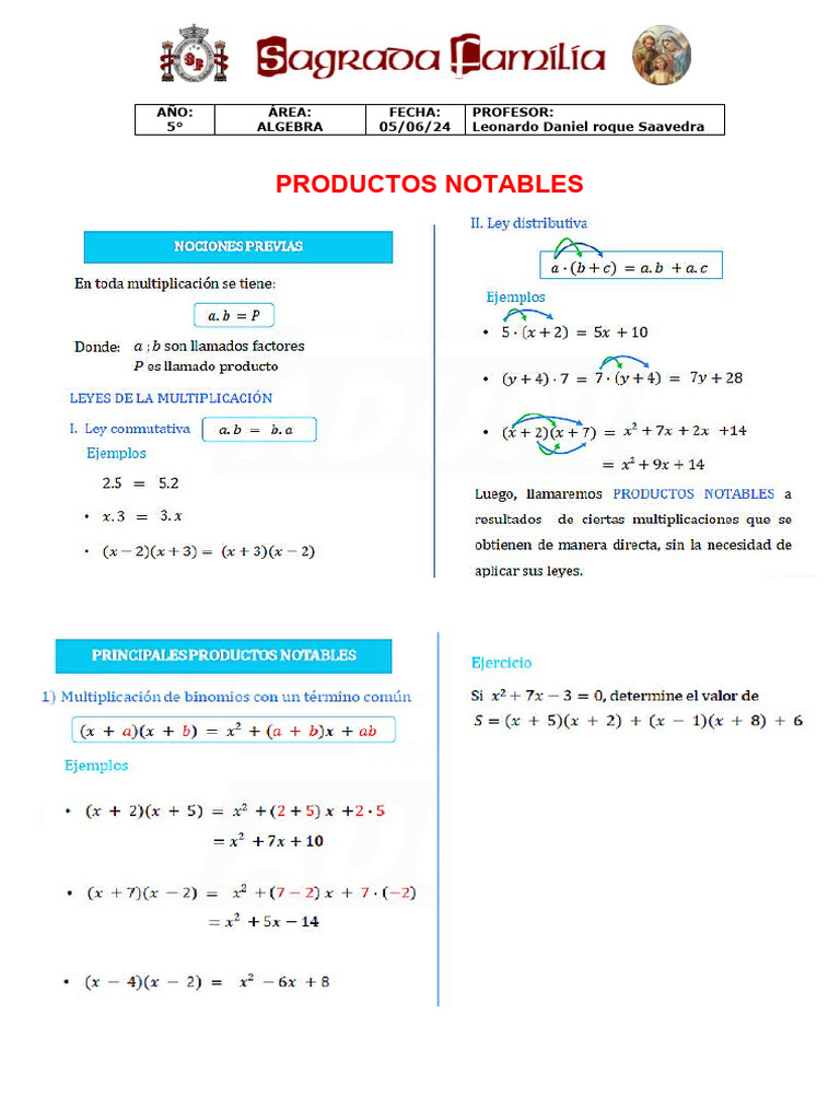 Ejercicios de Álgebra: Productos Notables | PDF