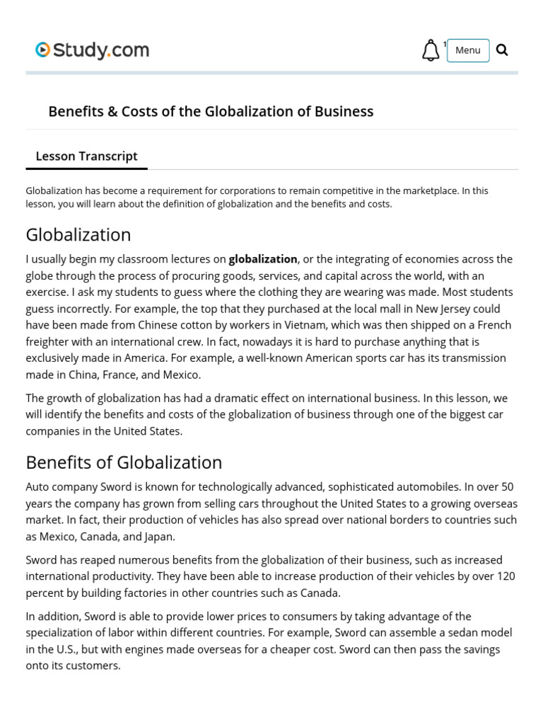 Benefits & Costs of The Globalization of Business | PDF | Globalization ...