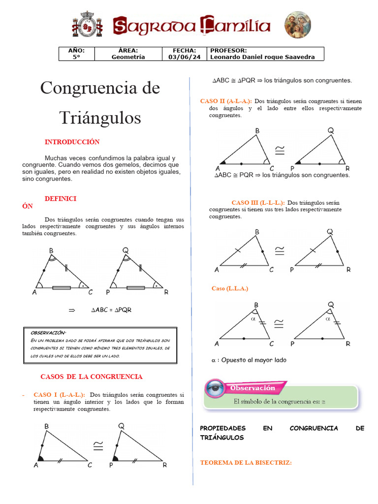 5° - Geometria - f3 - CONGRUENCIA DE TRIANGULOS | PDF | Triángulo | Geometría del plano euclidiano